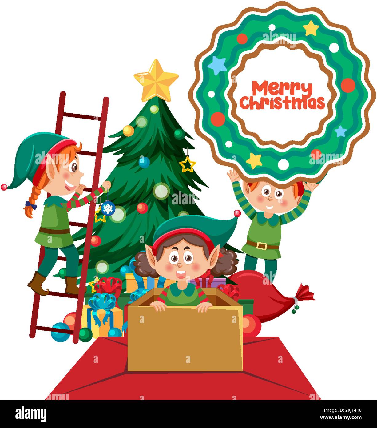 Christmas elf kids with Christmas tree illustration Stock Vector Image ...