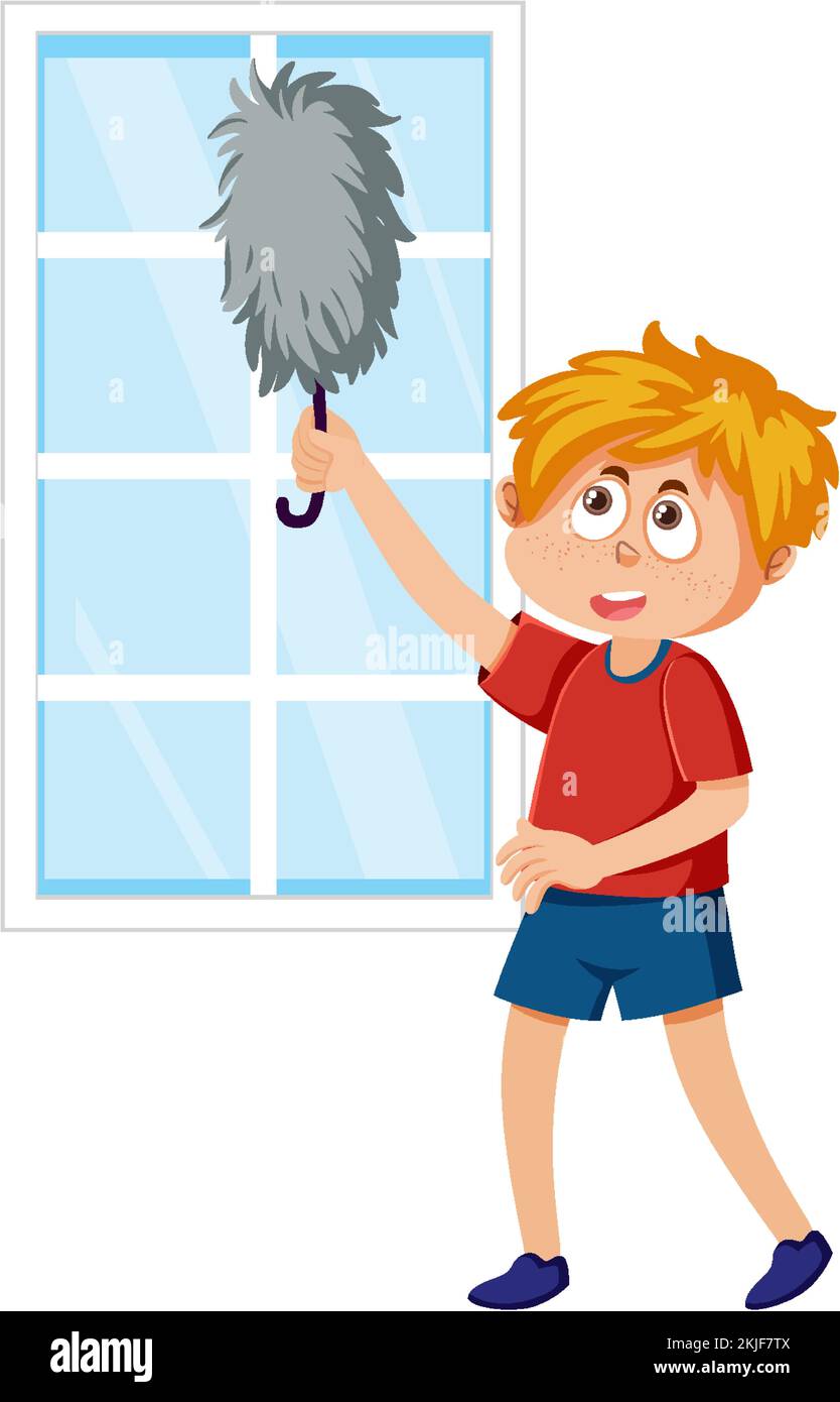 A boy cleaning window with feather duster illustration Stock Vector ...
