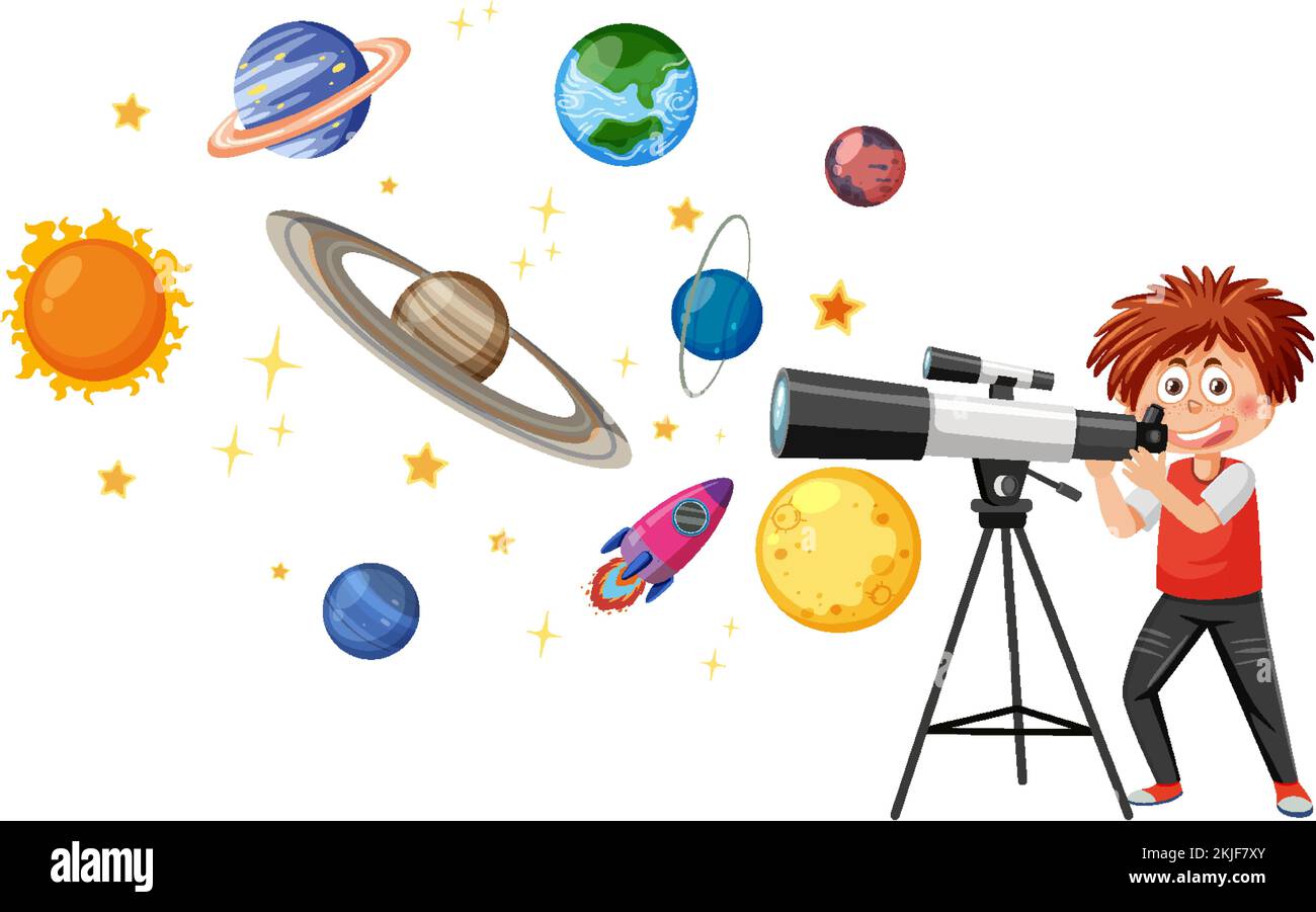 Little boy observing the sky with a telescope illustration Stock Vector ...