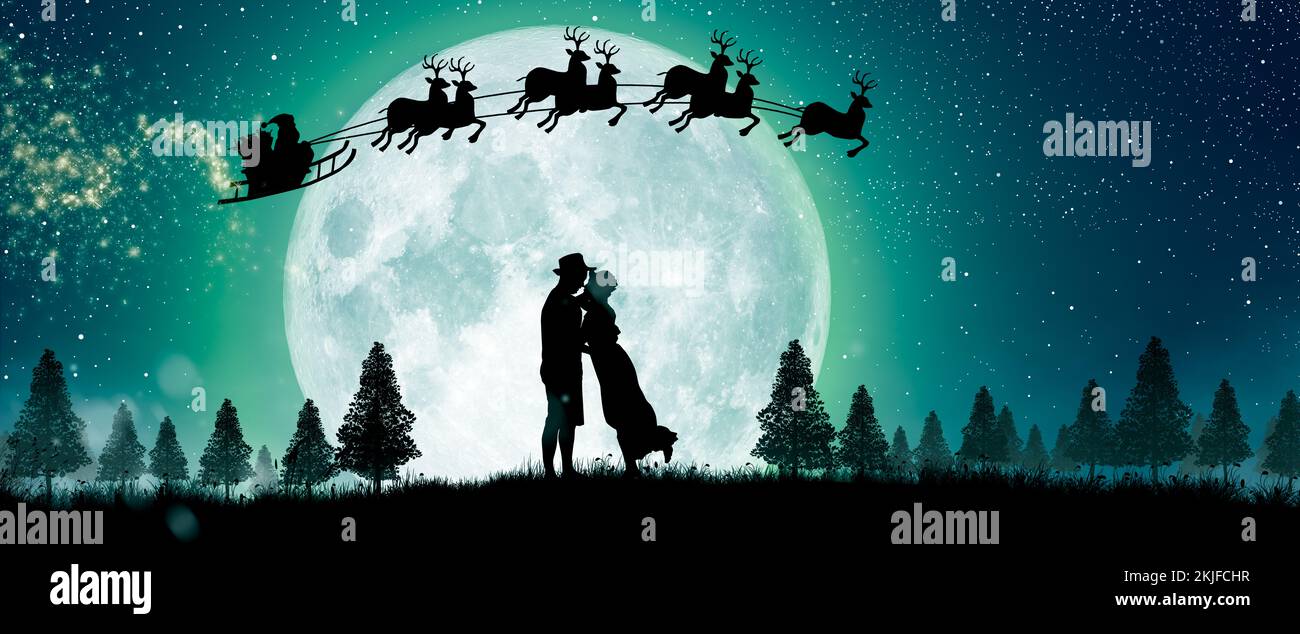 Silhouette of Santa Claus get a move to ride on their reindeer over ...