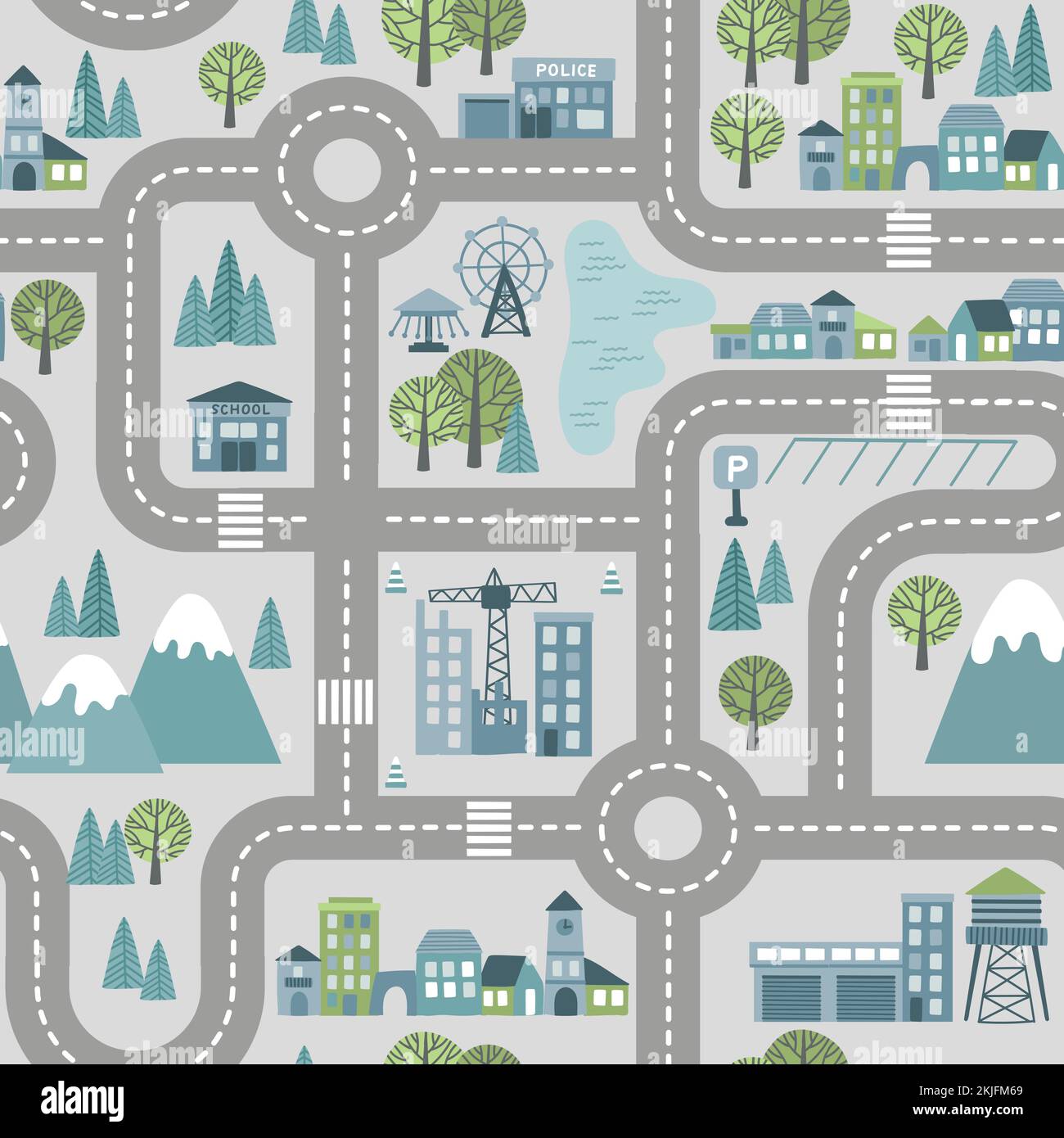 Childrens map road seamless pattern. Vector cartoon illustration of ...
