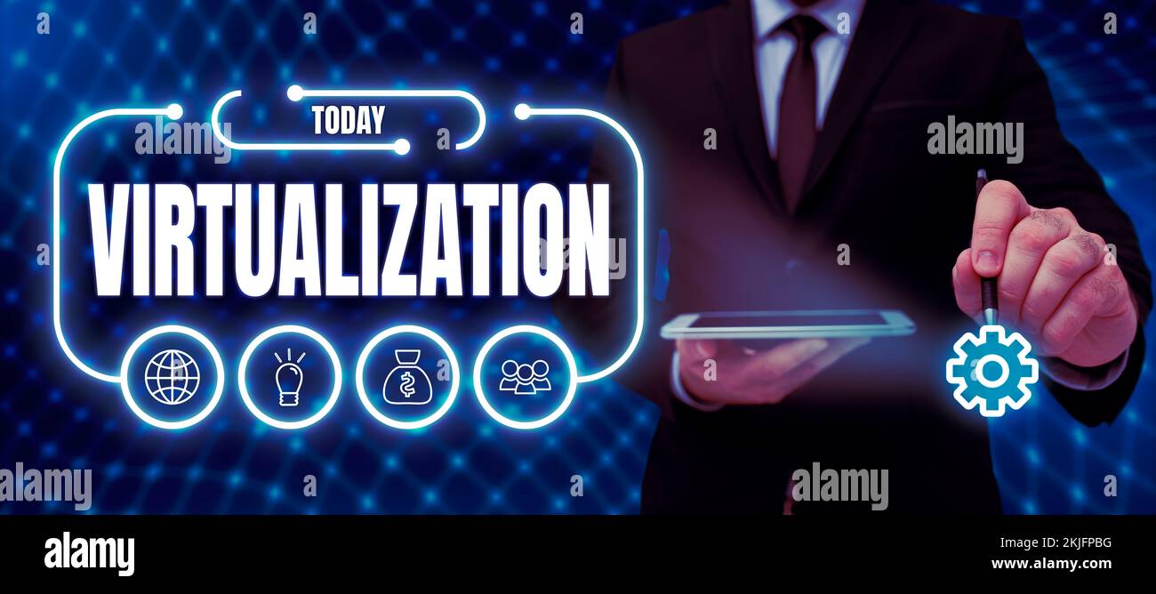 Text caption presenting Virtualization. Word for application of virtual ...