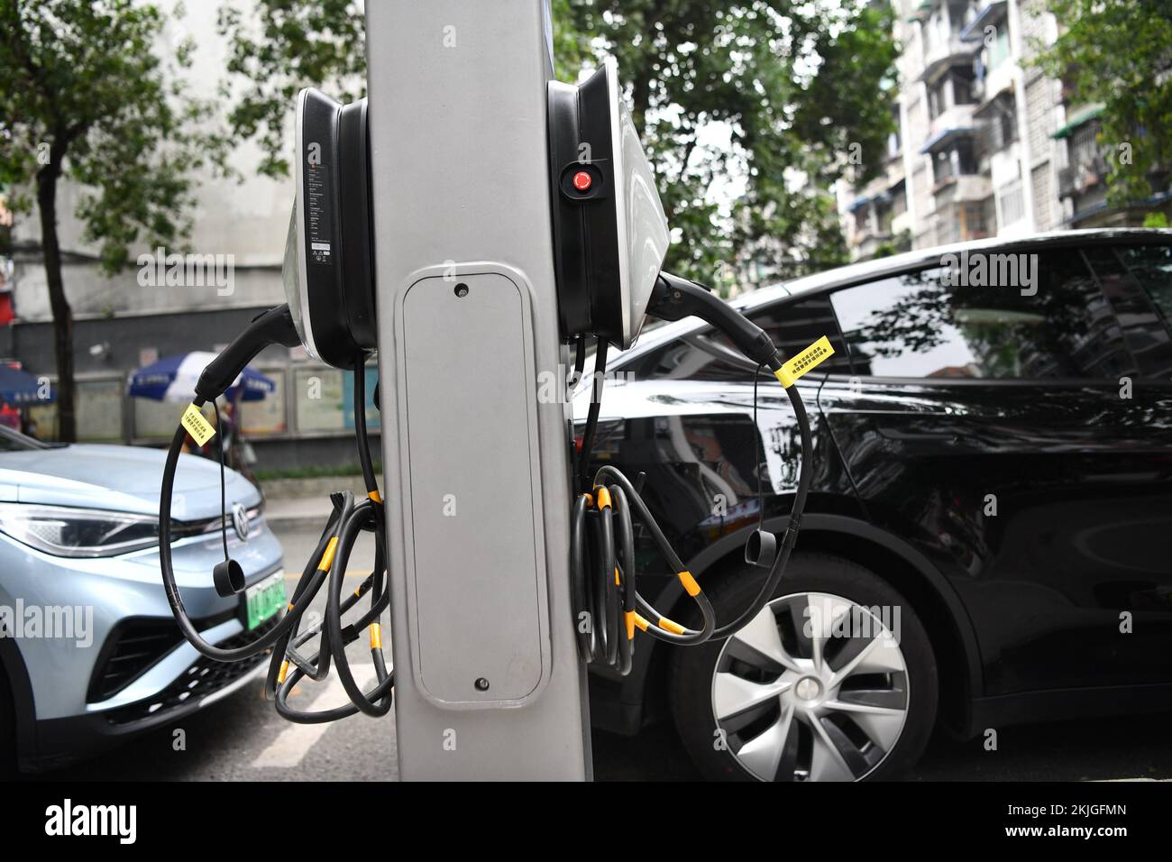 The street light poles are serving as the car charging piles in some ...
