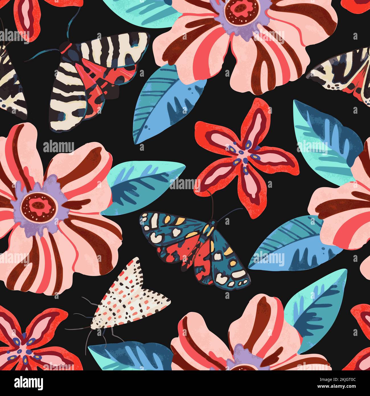 Colorful psychedelic pattern with abstract tropical flowers and moths ...