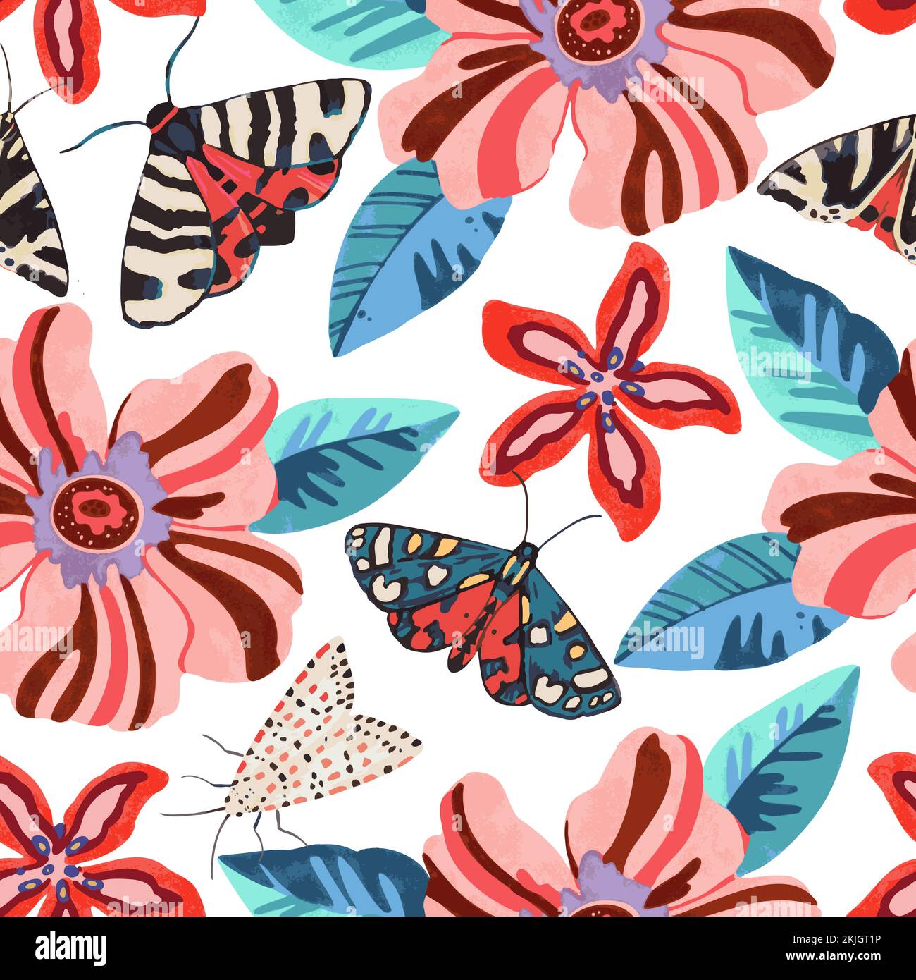 Colorful psychedelic pattern with abstract tropical flowers and moths ...