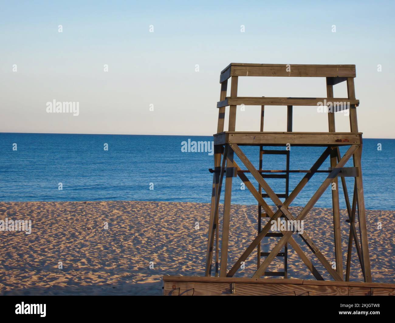 Empty lifeguard chair or stand, on empty beach at end of day, Martha's ...