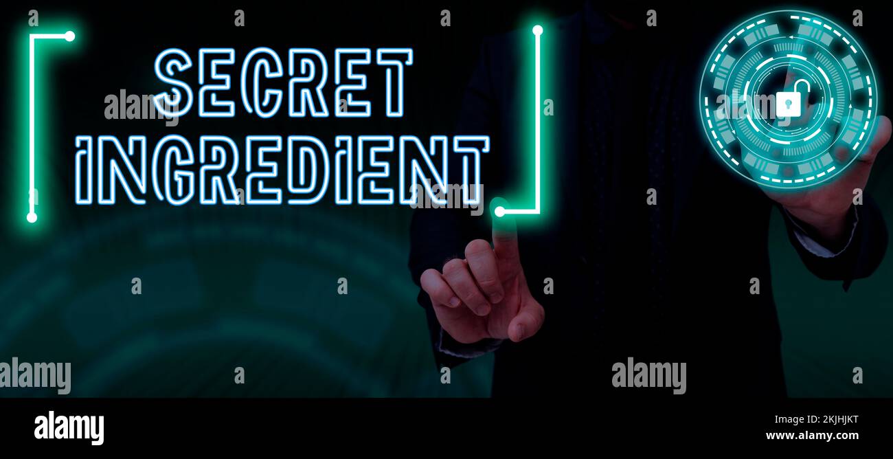 Hand writing sign Secret Ingredient. Concept meaning special technique ...