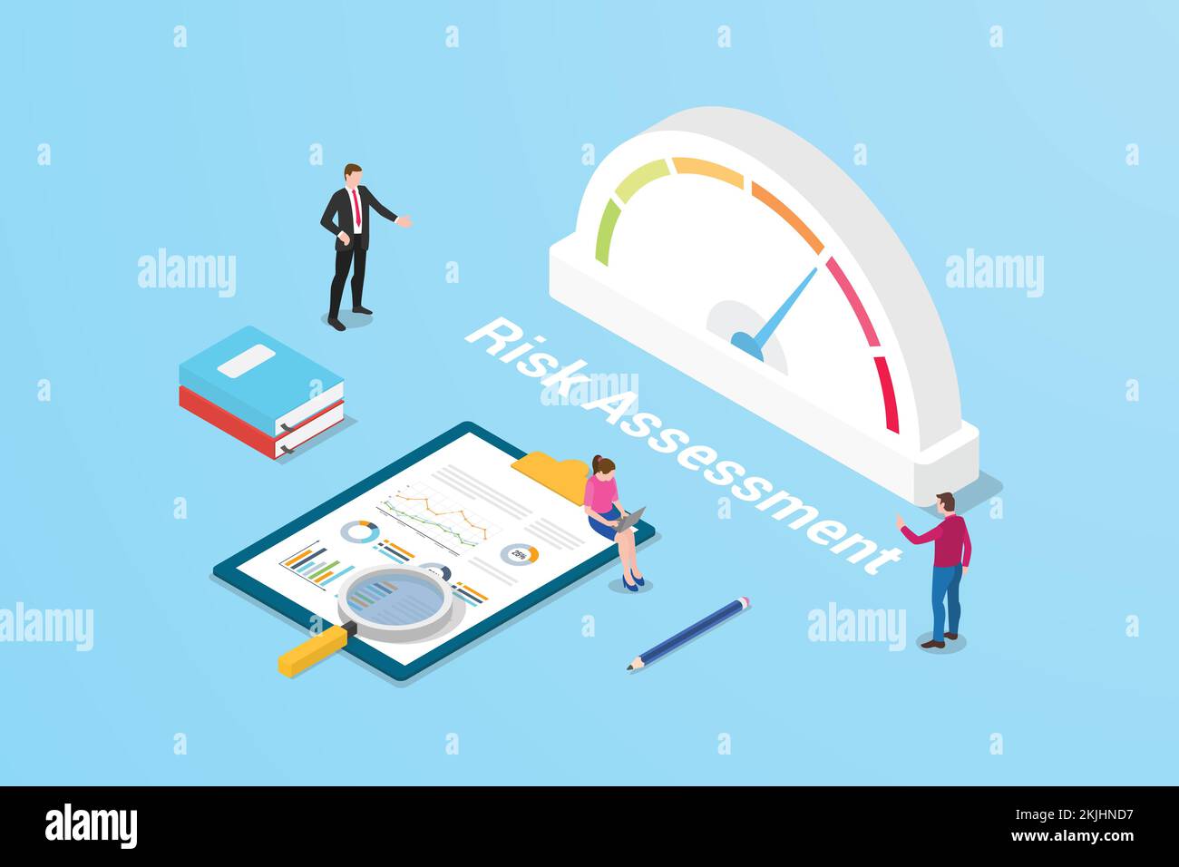 risk assessment concept with speedometer and people and graph chart ...