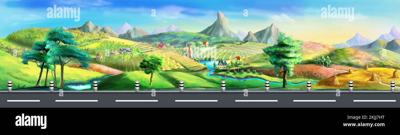 Suburban highway on a sunny summer day. Digital Painting Background ...