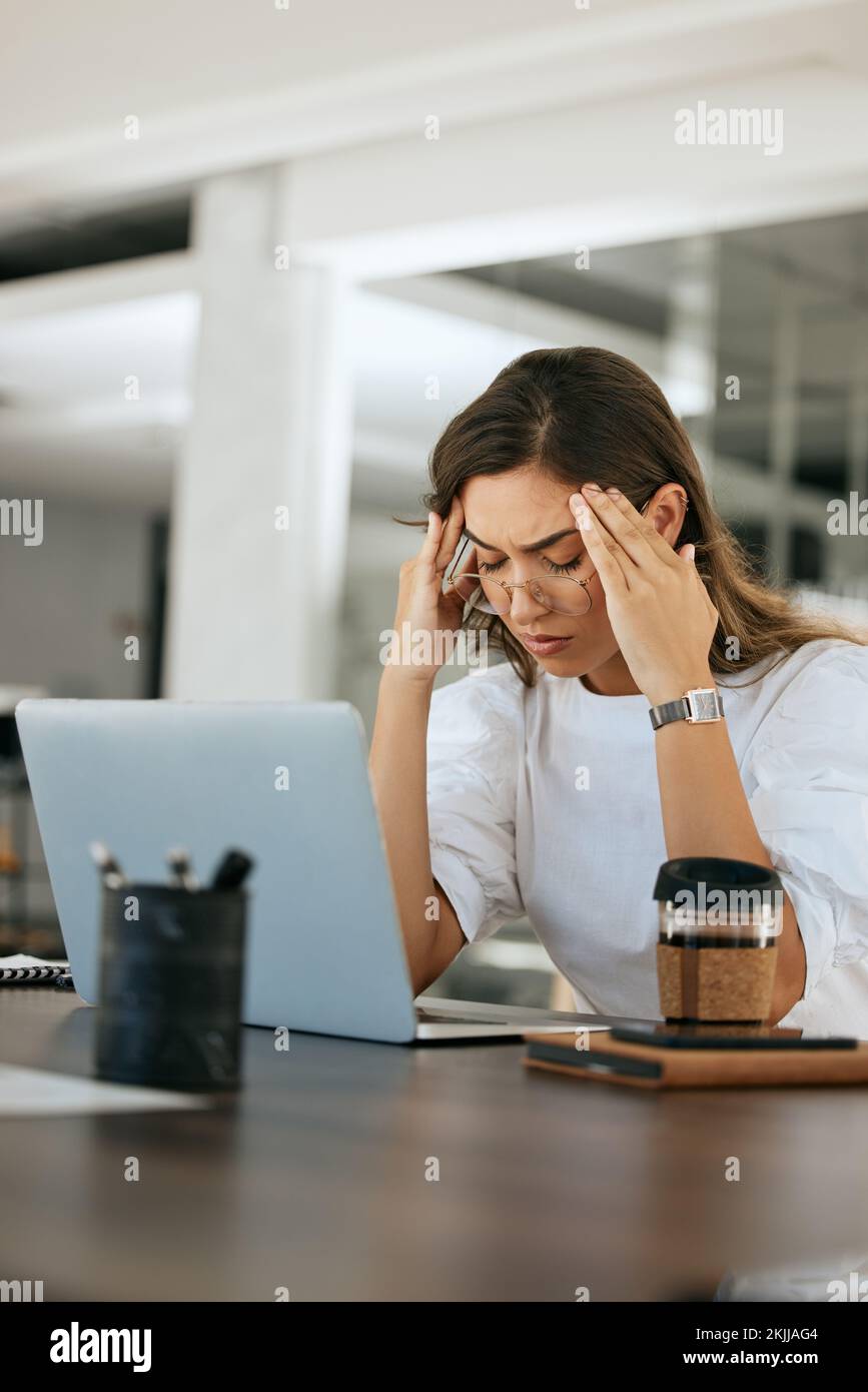 Stress, headache and laptop with business woman for burnout, overworked ...