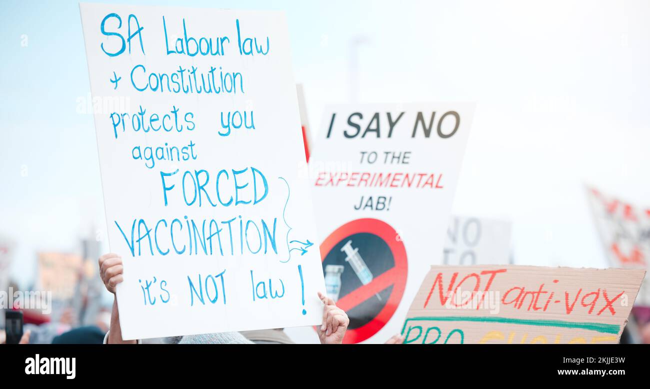 Protest poster, covid vaccine and sign of crowd, protesters and ...
