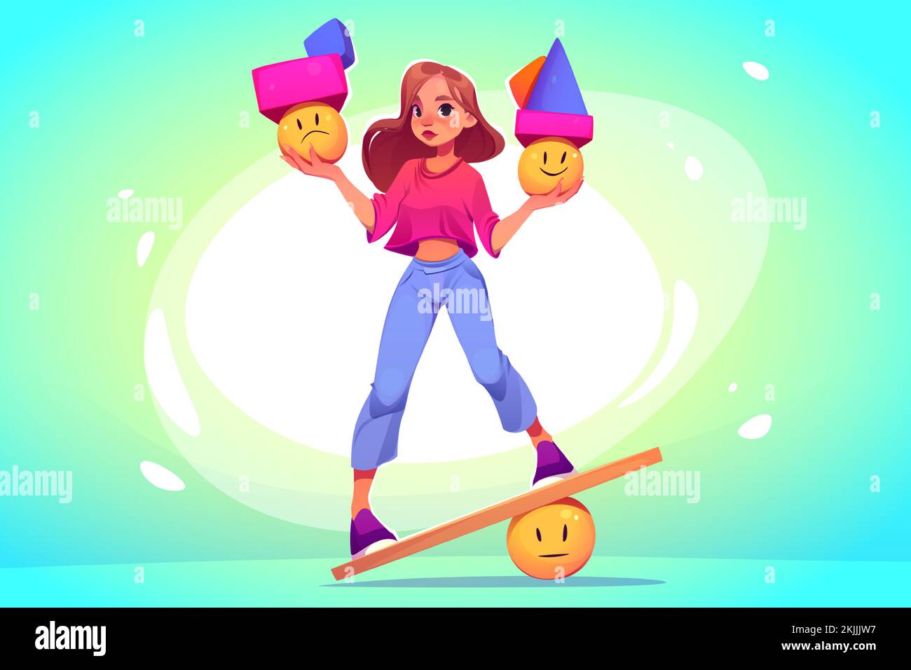 Young girl balancing on wooden board with happy and sad emotion balls ...