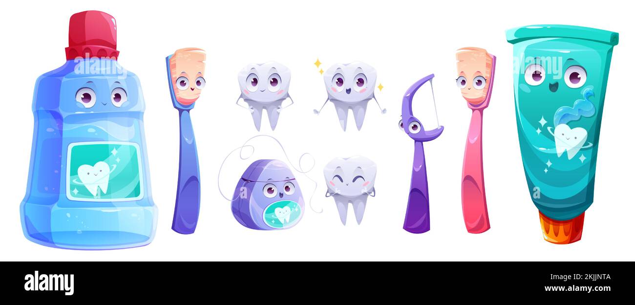 Teeth care product cartoon characters. Smiling animated mouth wash ...
