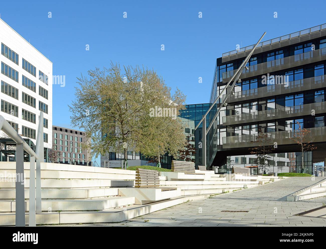 Modern office building, steps in the foreground, two trees, Hafencity ...