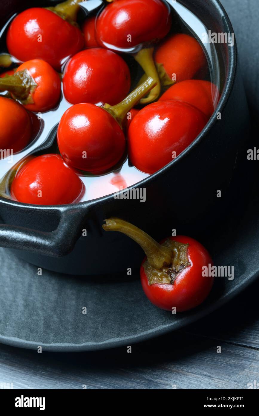 Potted cherry peppers in vinegar, chilli, paprika Stock Photo - Alamy