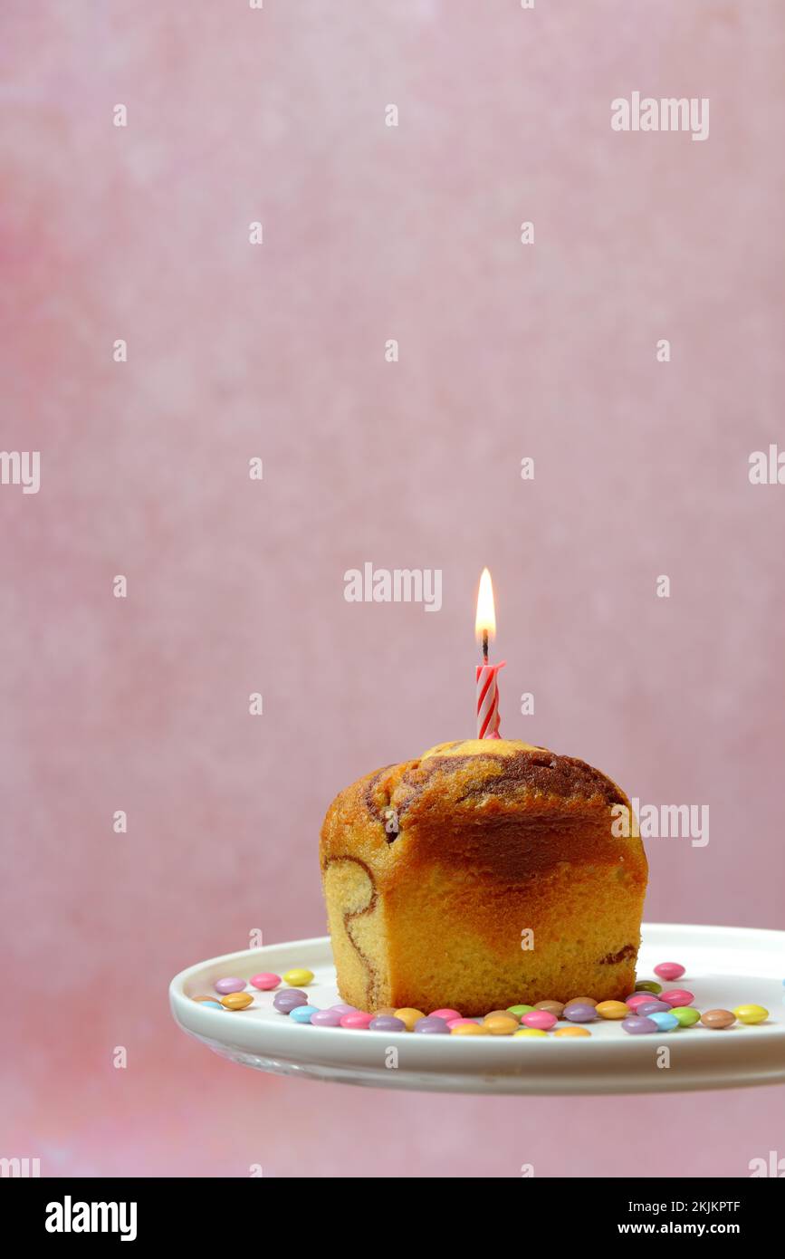 Birthday Cake with Burning Candle, Cake Stock Photo - Alamy