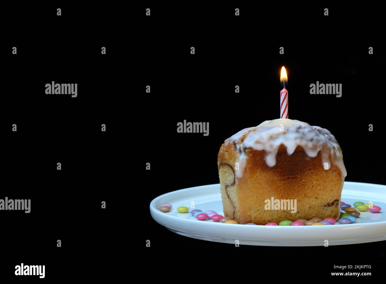 Birthday Cake with Burning Candle, Cake Stock Photo - Alamy
