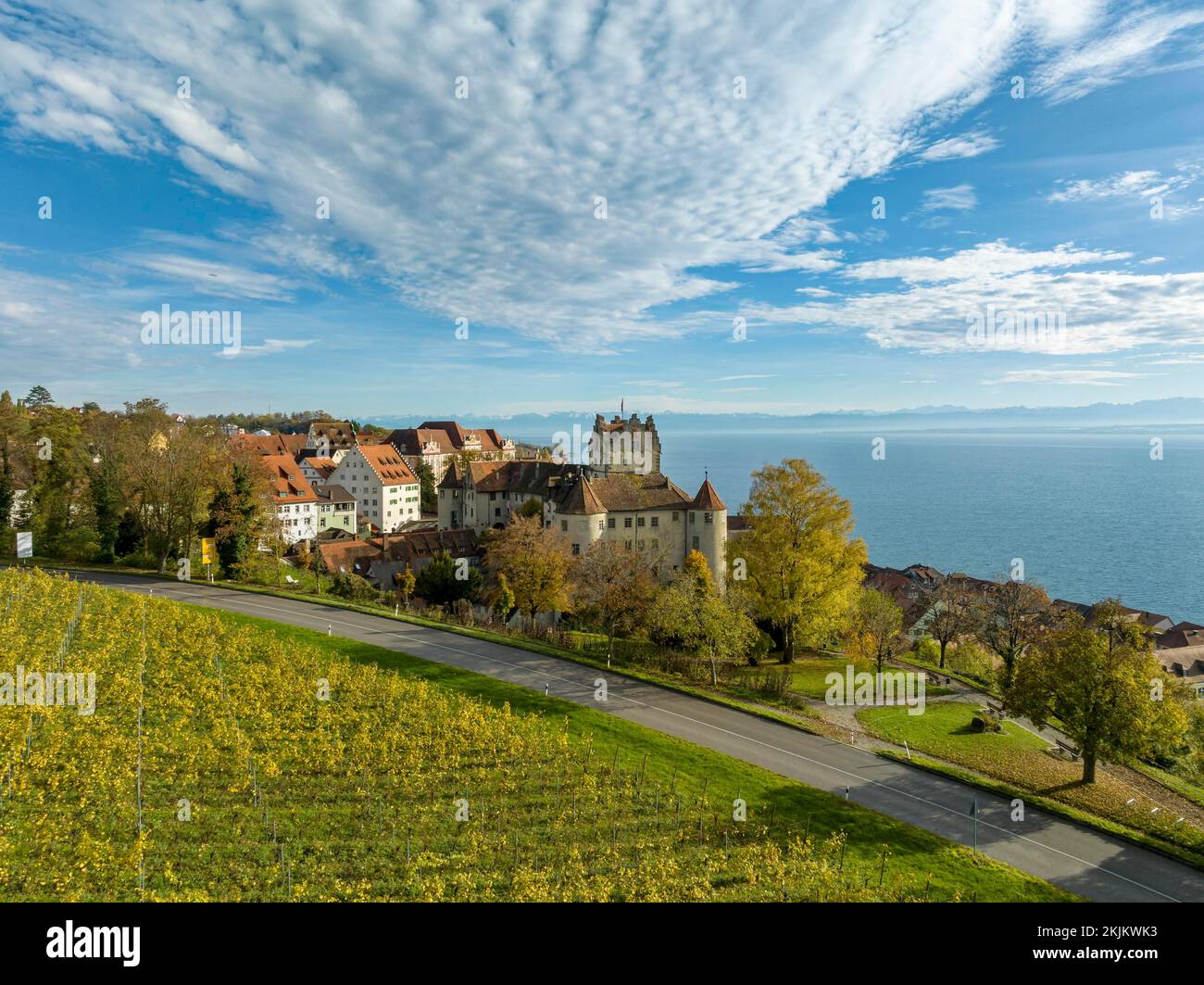View over vineyard to the historic and inhabited Meersburg Castle, Lake ...