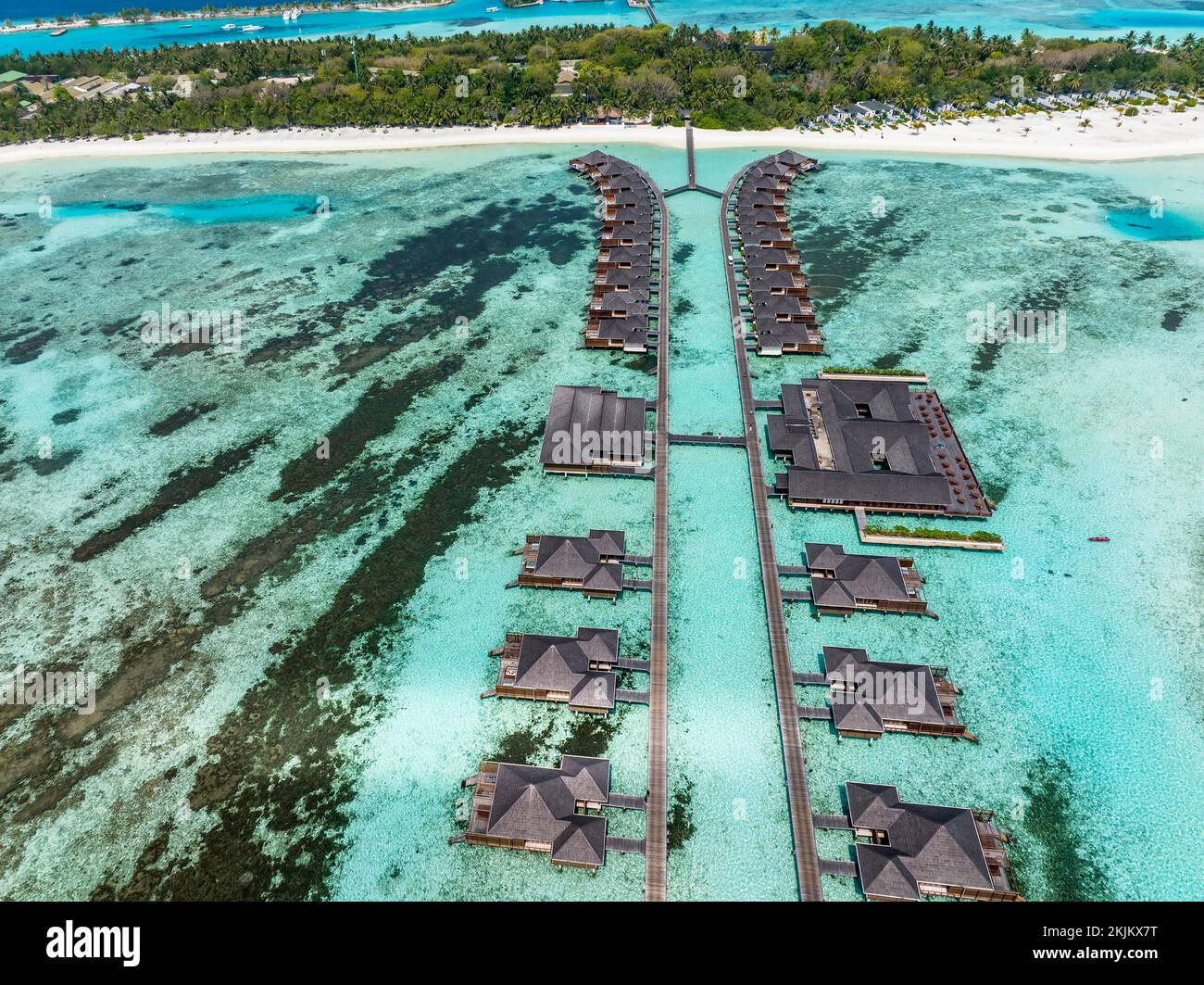 Aerial View, Paradise Island with Water Bungalows, Indian Ocean ...