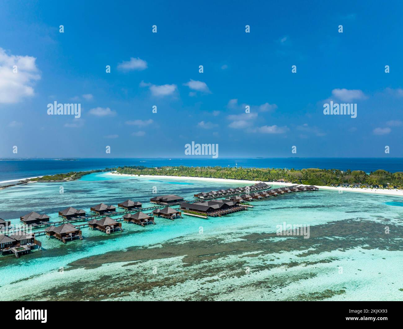 Aerial View, Paradise Island with Water Bungalows, Indian Ocean ...