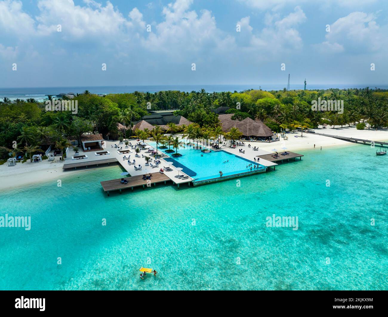 Aerial View, Paradise Island with Water Bungalows, Indian Ocean ...