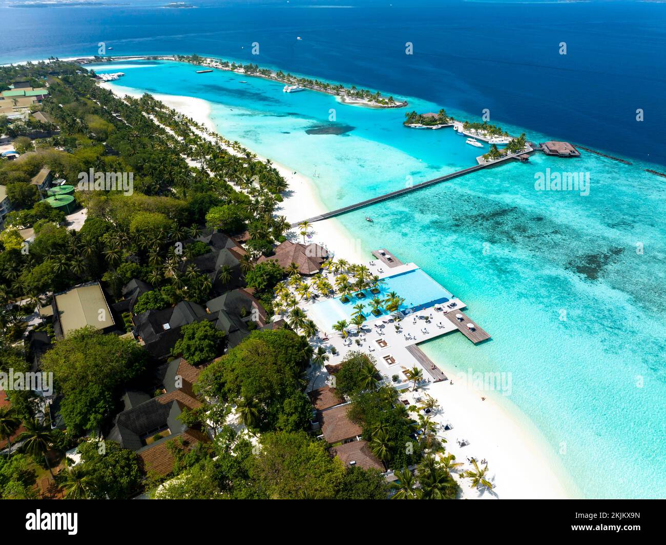 Aerial View, Paradise Island with Water Bungalows, Indian Ocean ...
