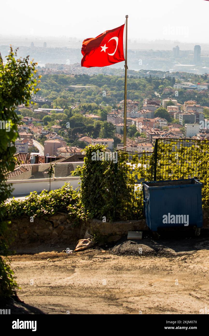 Turkish national flag hang on a pole in open air Stock Photo - Alamy