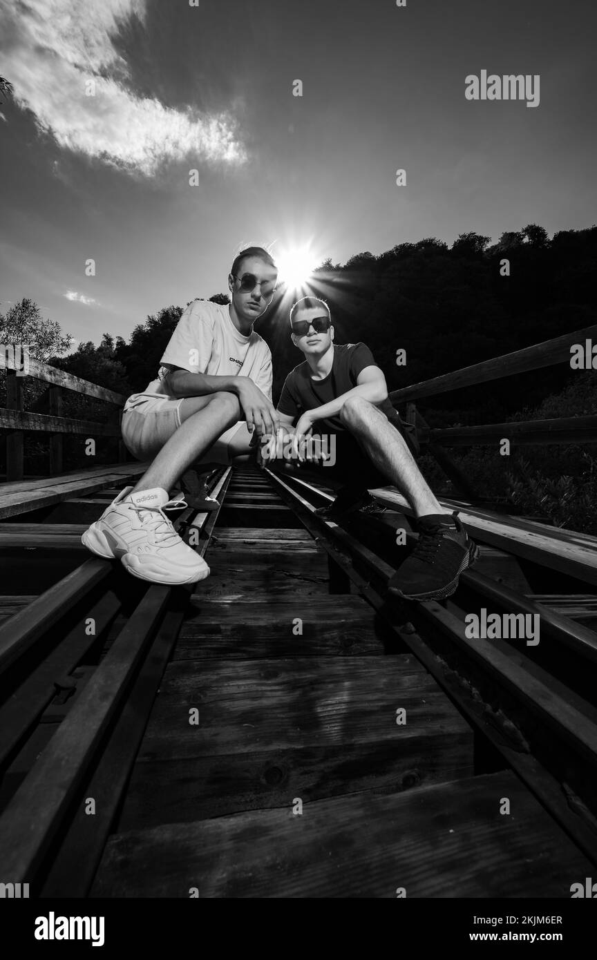 Ivano-Frankivsk, Ukraine July 14, 2022: Black and white photo of two ...