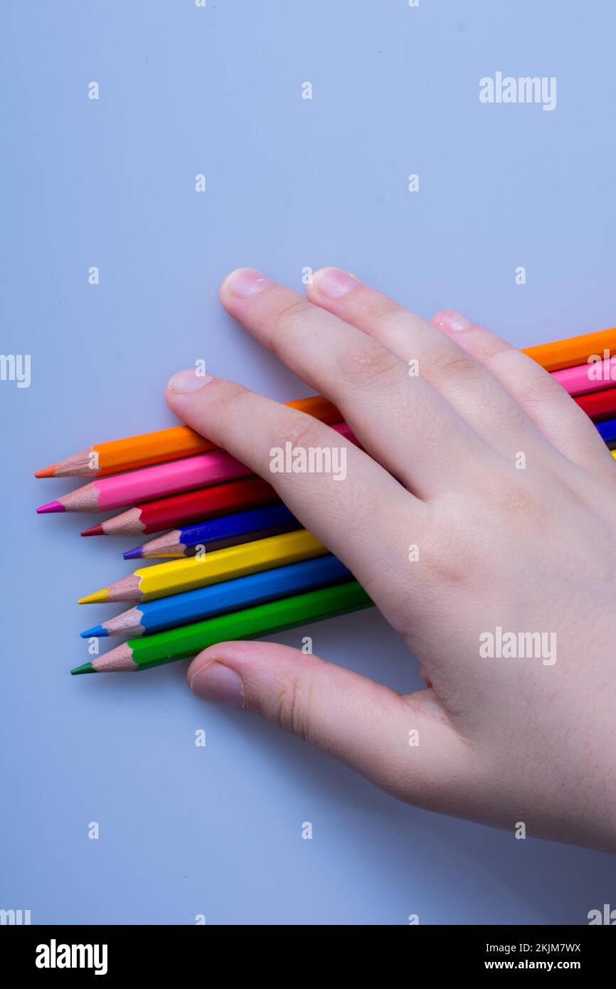 Hand holding color Pencils placed on a white background Stock Photo - Alamy