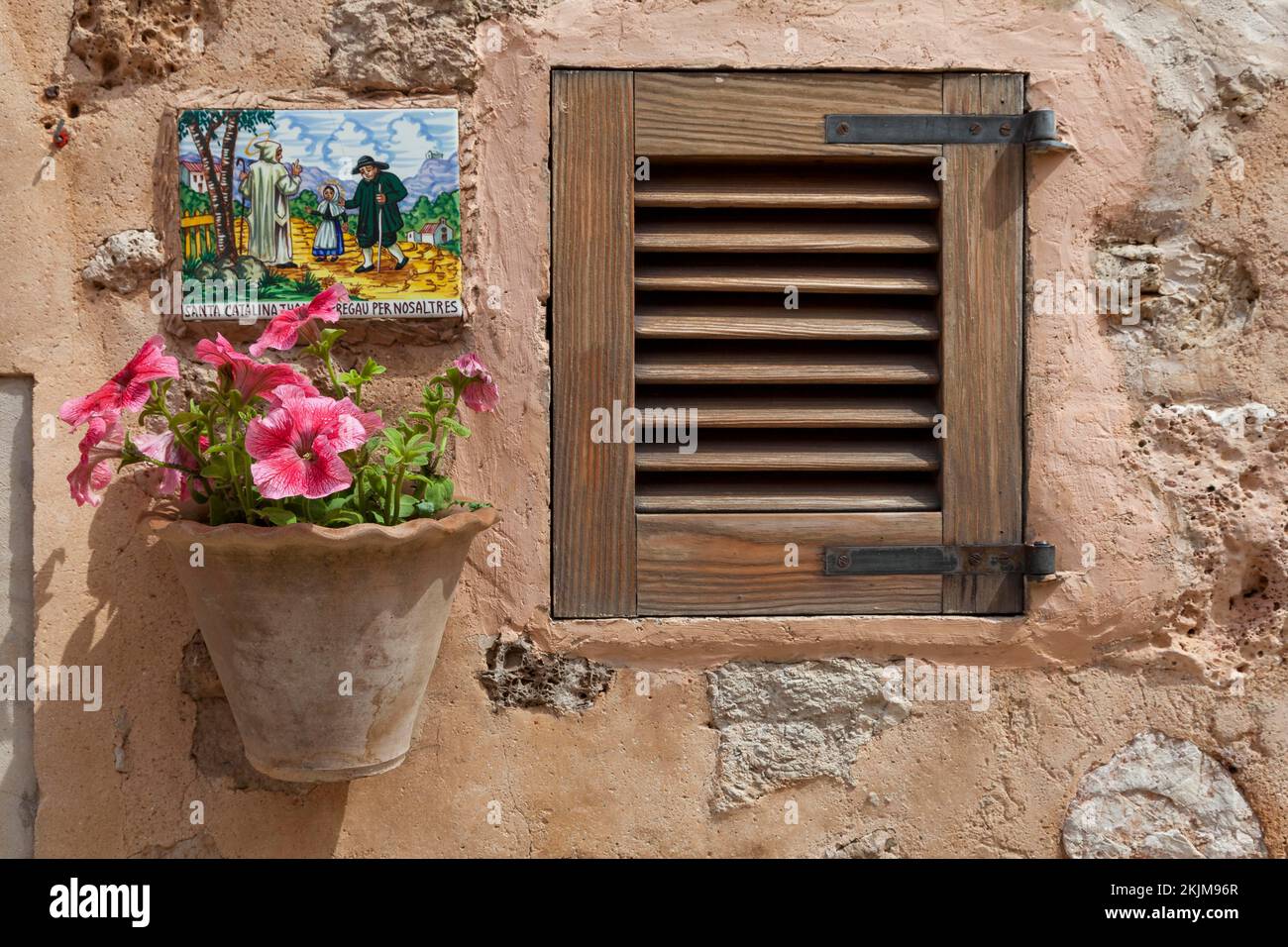 Typical tile and flower decoration, Valldemossa, Majorca, Balearic ...