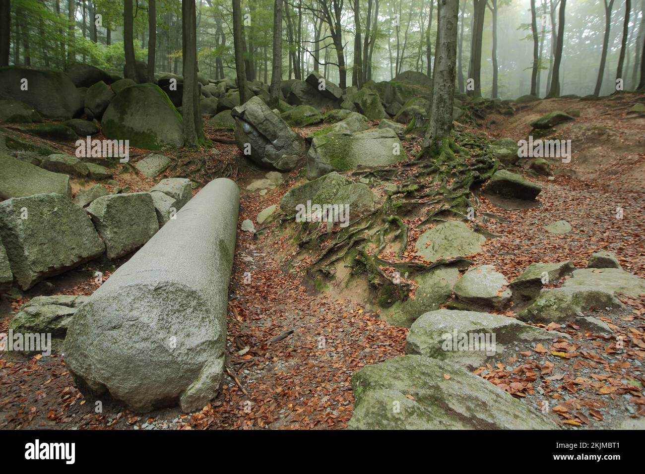 Stone landscape with giant Roman column in a sea of rocks, Roman period ...