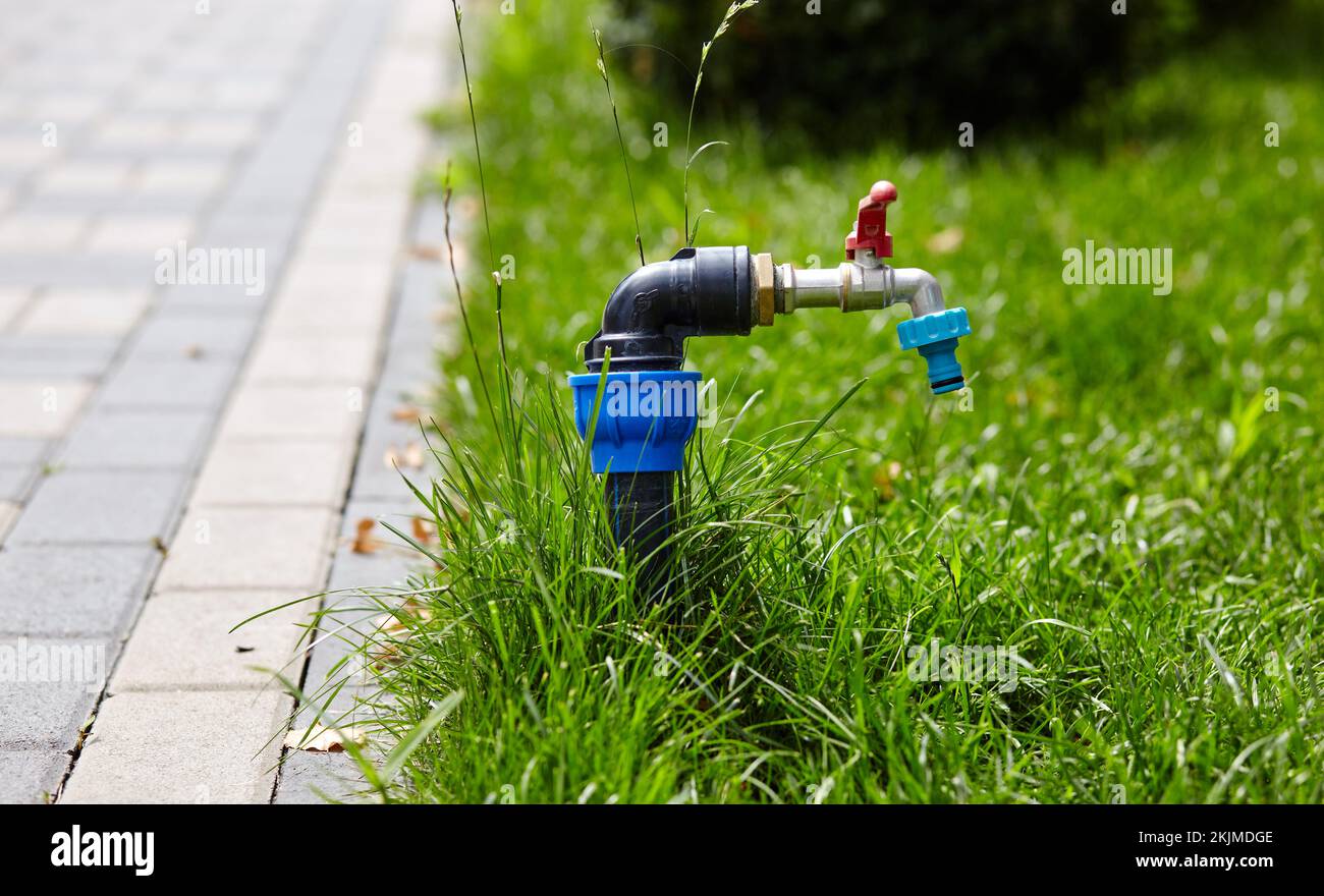 Faucet in a park to adjust water hose on it to hydrate the green grass ...