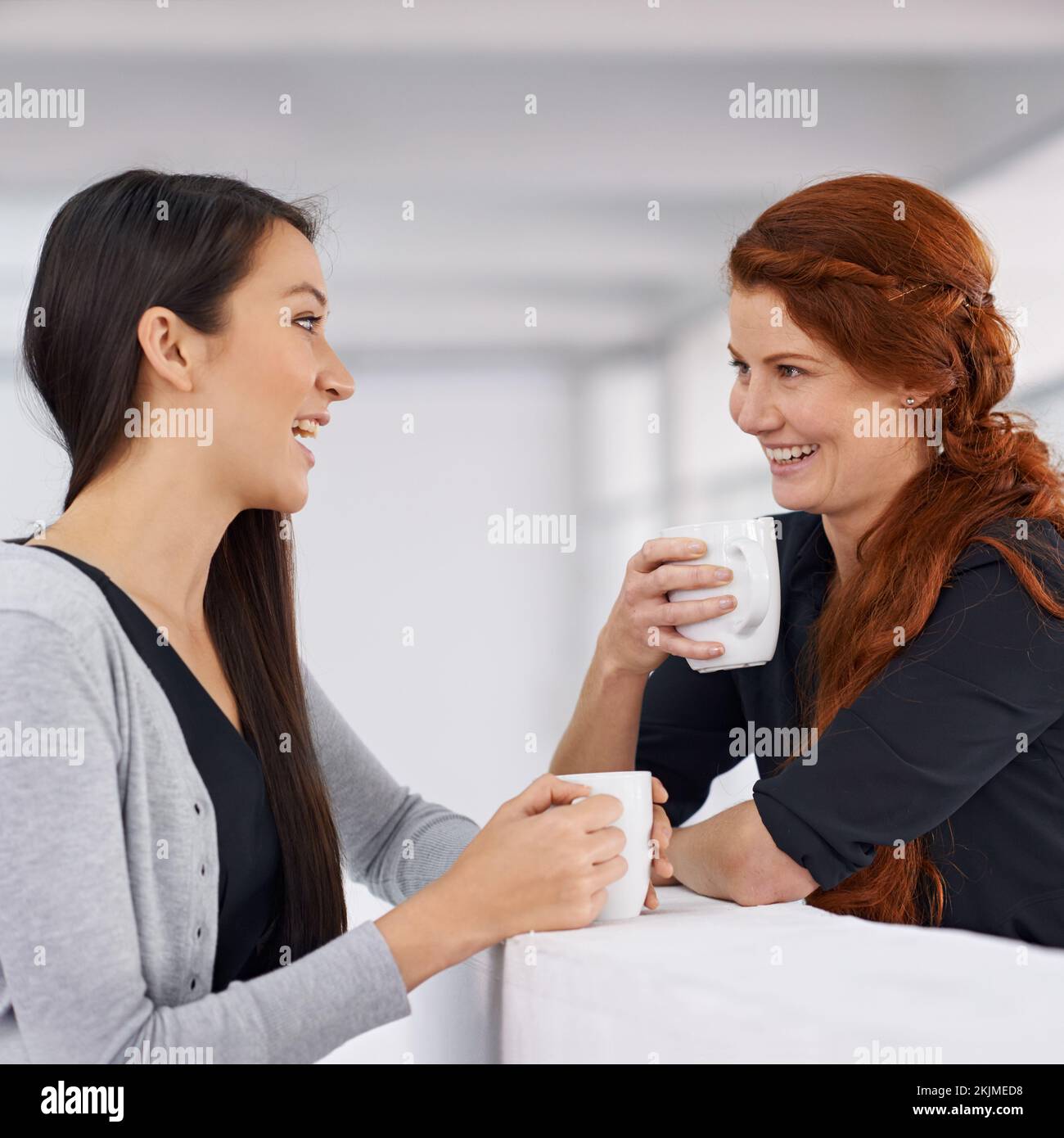 Friends and coworkers. Two female colleagues sharing the latest office ...