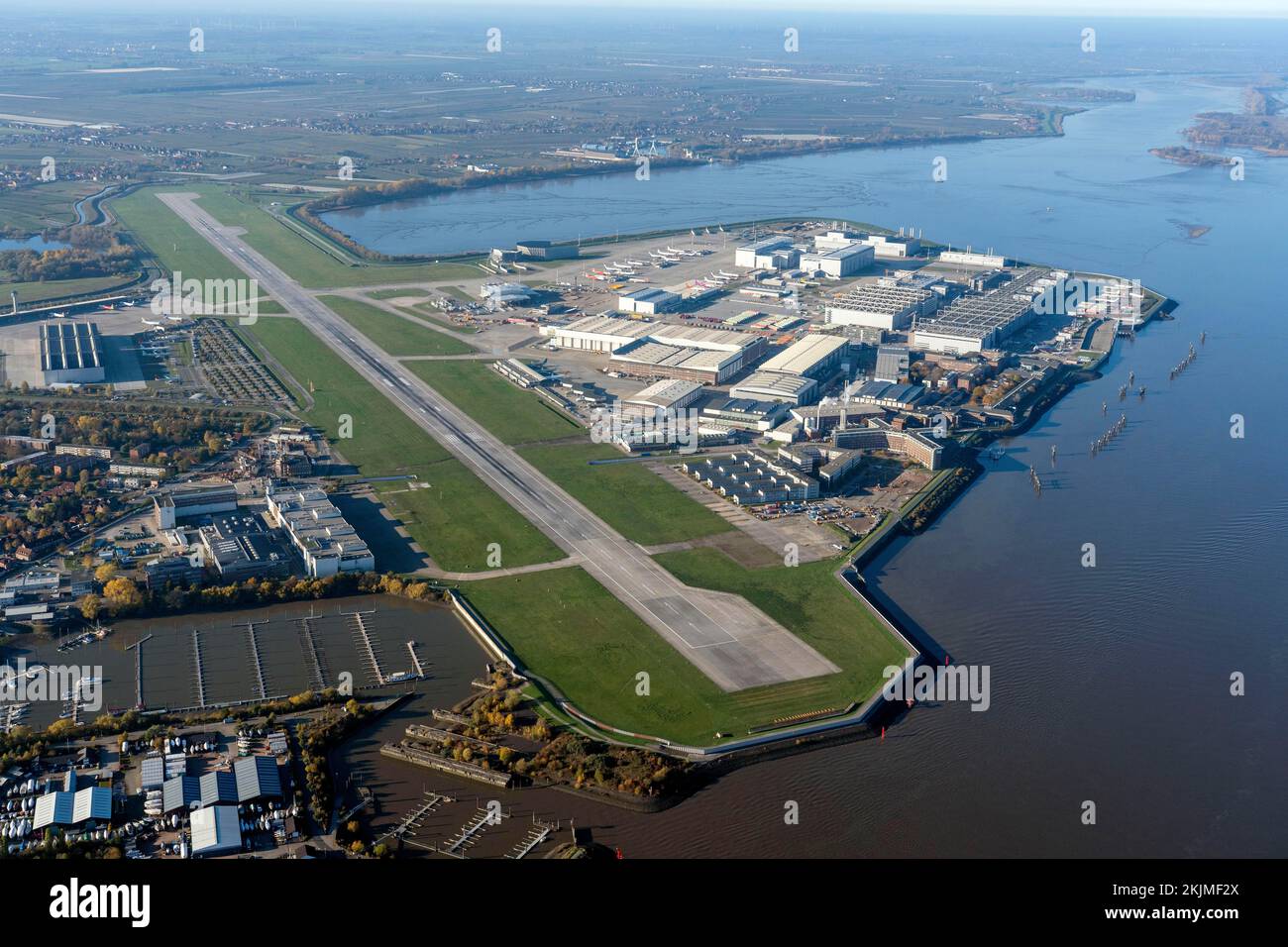 Aerial view Airbus Werke Hamburg Finkenwerder, runway, runway, factory ...