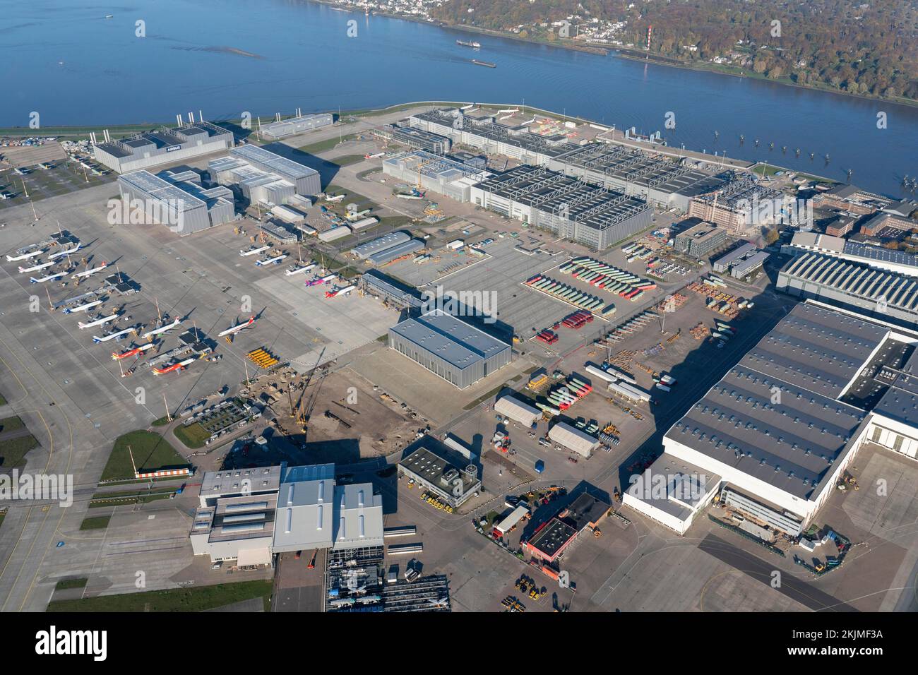 Aerial view Airbus Werke Hamburg Finkenwerder, plant, factory, aircraft ...