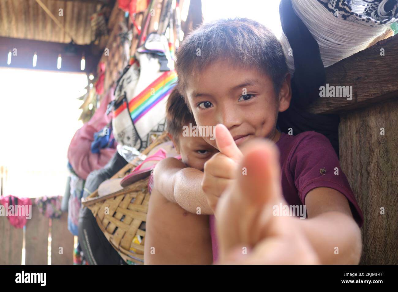 Indigenous people, little boys of the indigenous people Huni Kuin make ...