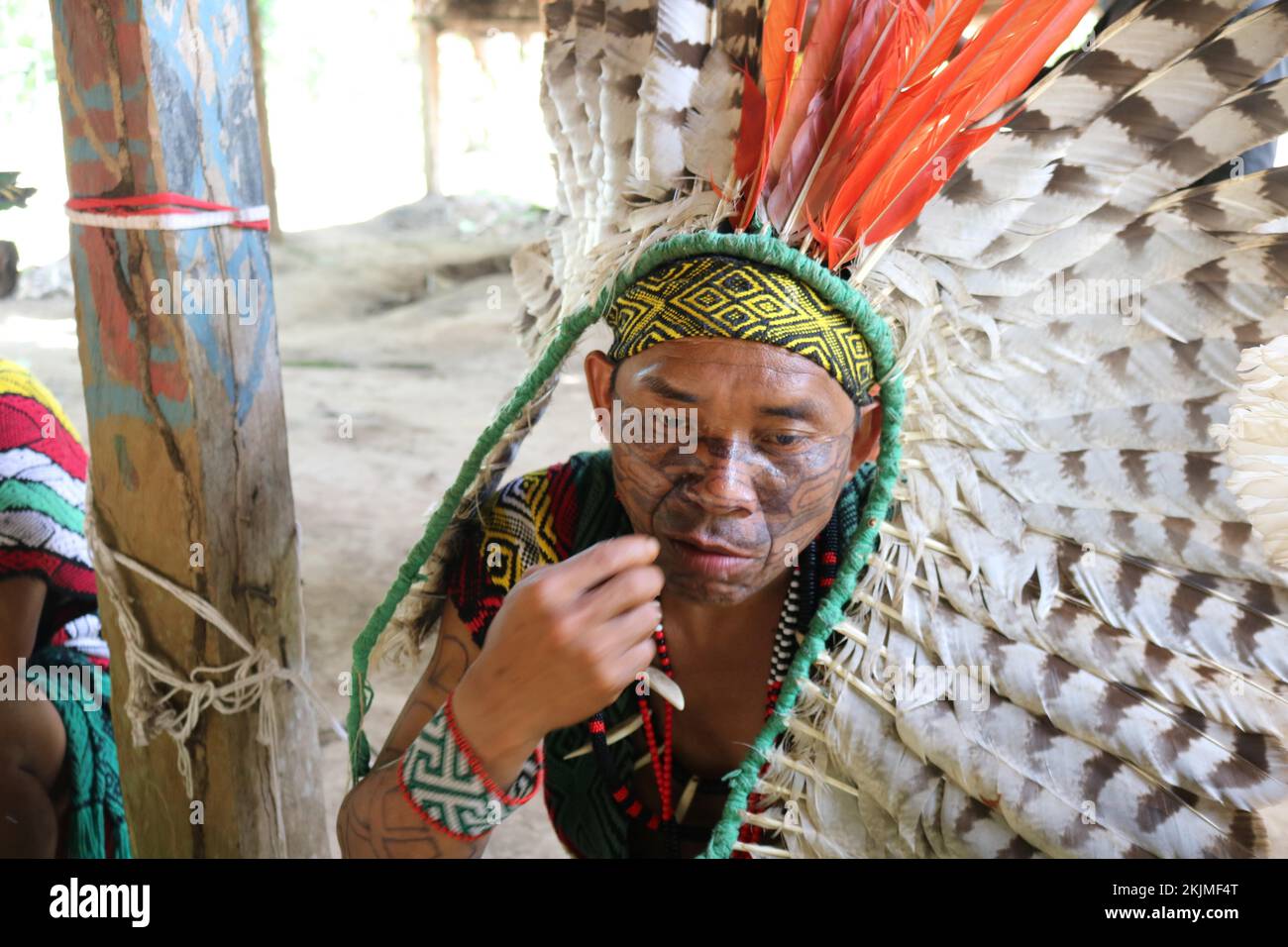 Indigenous people, leader of an indigenous community Huni Kuin wearing ...