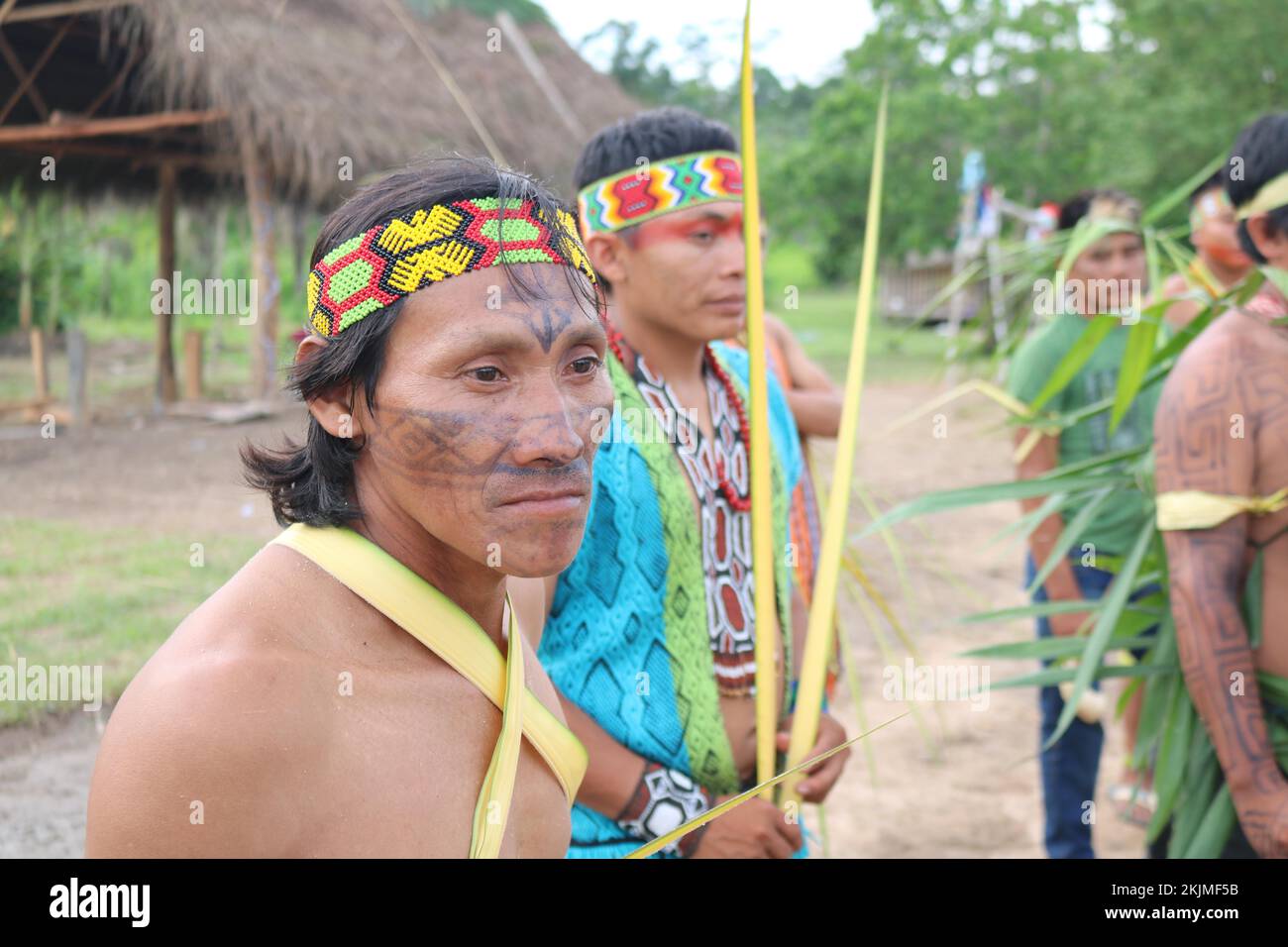 Indigenous people, Huni Kuin men decorated with plant leaves during a ...