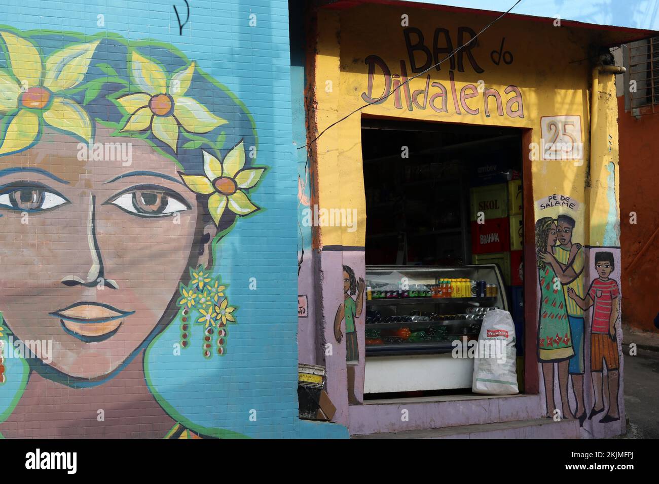 Favela, bar and kiosk with mural, Belo Horizonte, Minas Gerais, Brazil ...