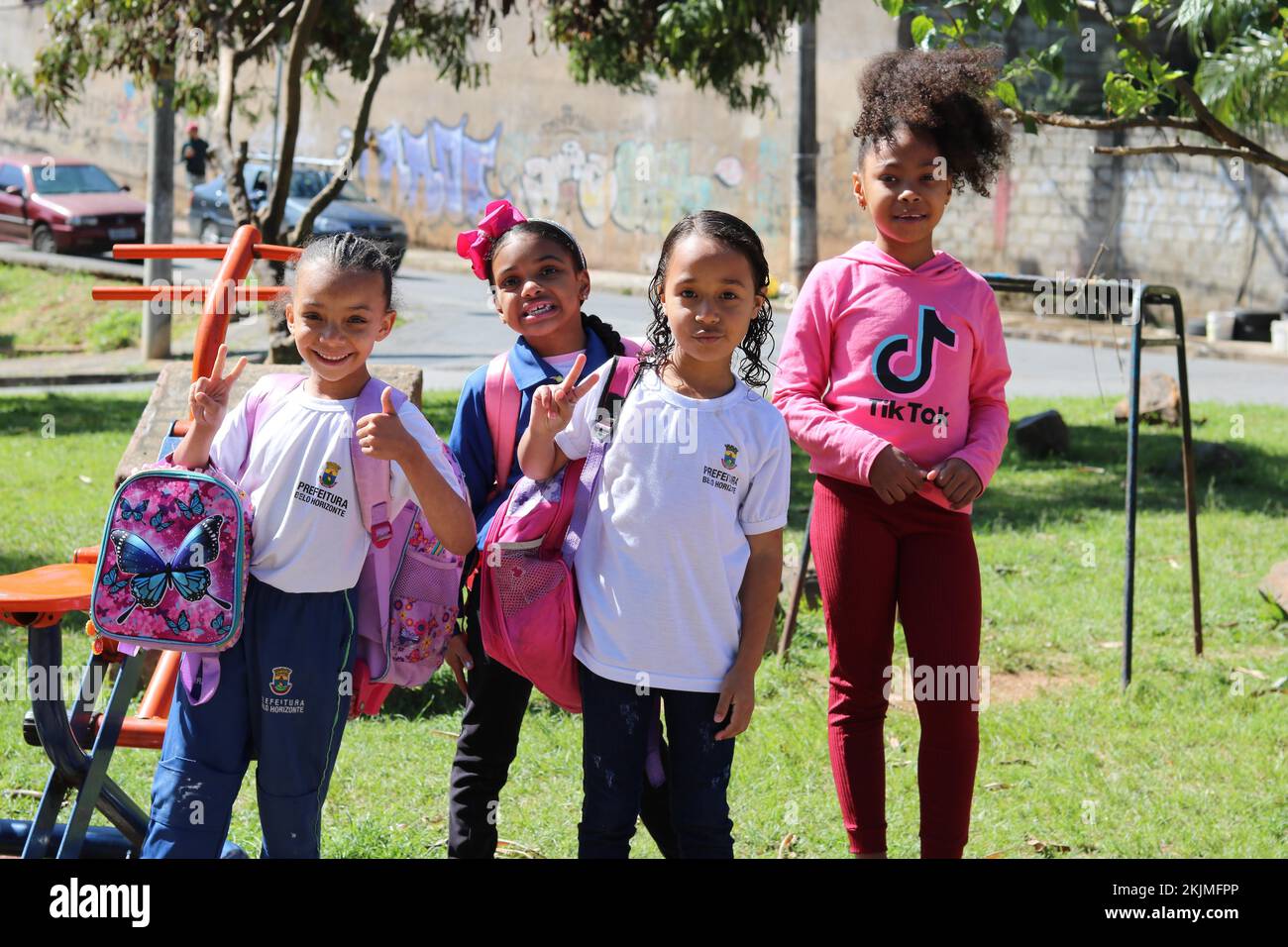 Favela Girls Make Funny Gesture Belo Horizonte Minas Gerais Brazil