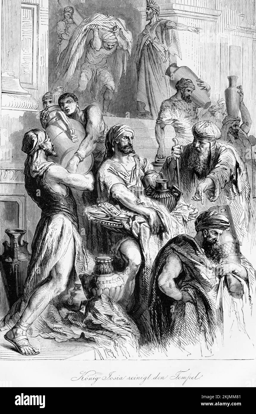 King Joshua cleansing the temple, many people, working, cleaning up ...