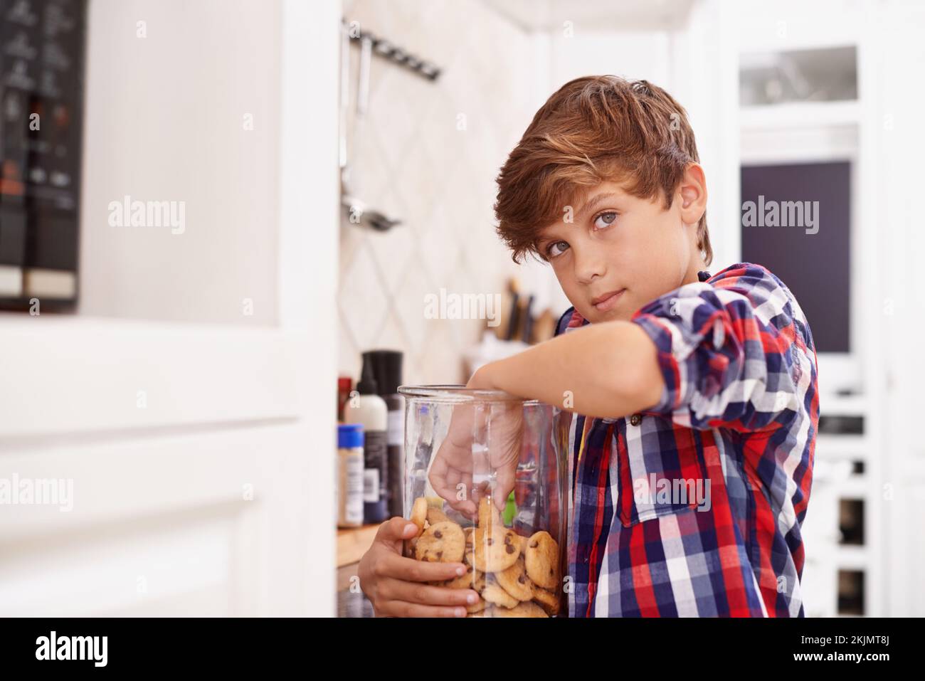Quiet as can be. A young boy sneakily taking a cookie from a cookie jar ...