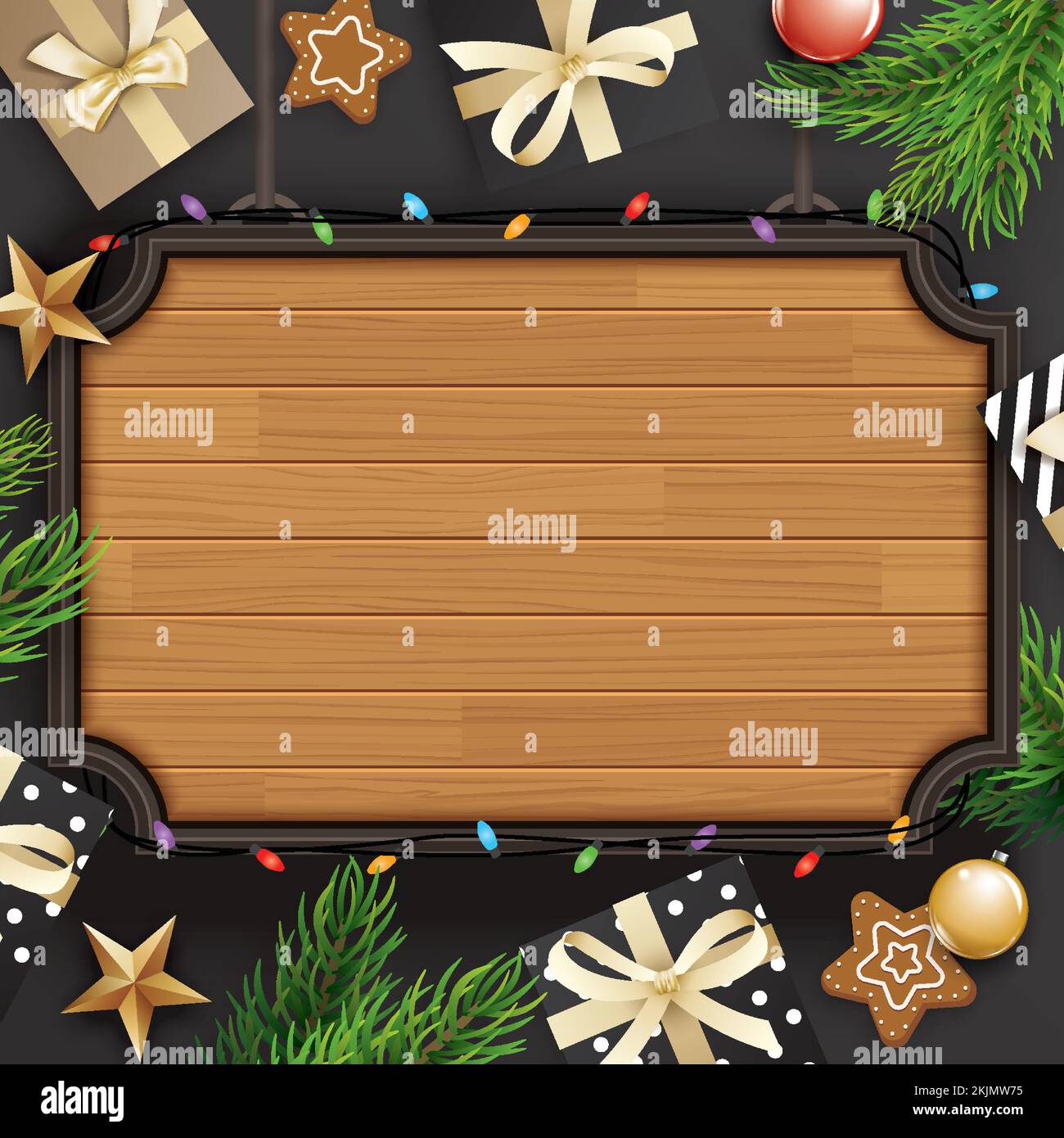 Merry christmas gift box and wooden background with space for text ...
