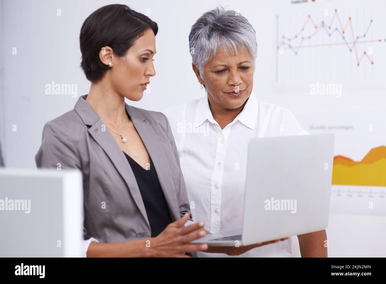 Analytical minds at work. two businesswomen discussing work on a laptop ...