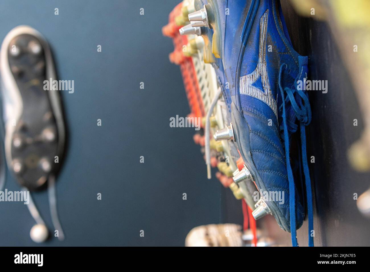 Rugby shoes with spikes seen hanging in the training room of the Aix ...