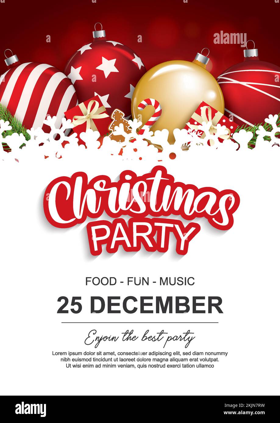 Merry christmas party with glass ball and giftbox for flyer brochure ...