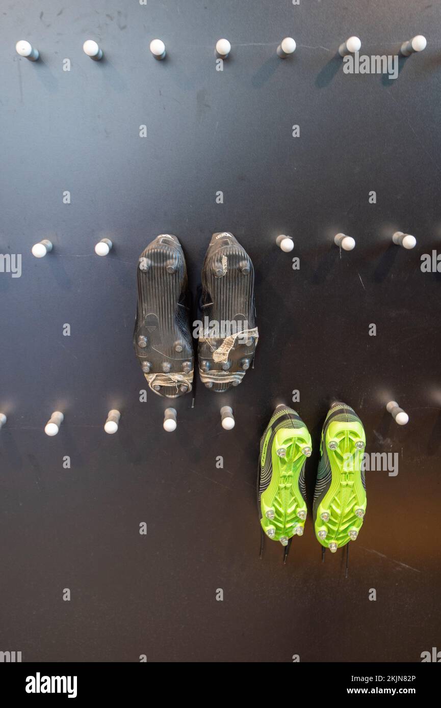 Rugby shoes with spikes seen hanging in the training room of the Aix ...