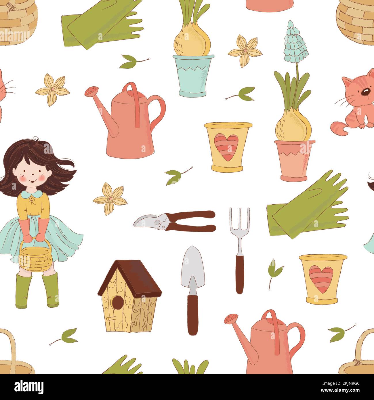 GARDEN TEXTILE Spring Season Nature Gardening Girl Work Holiday Cartoon ...