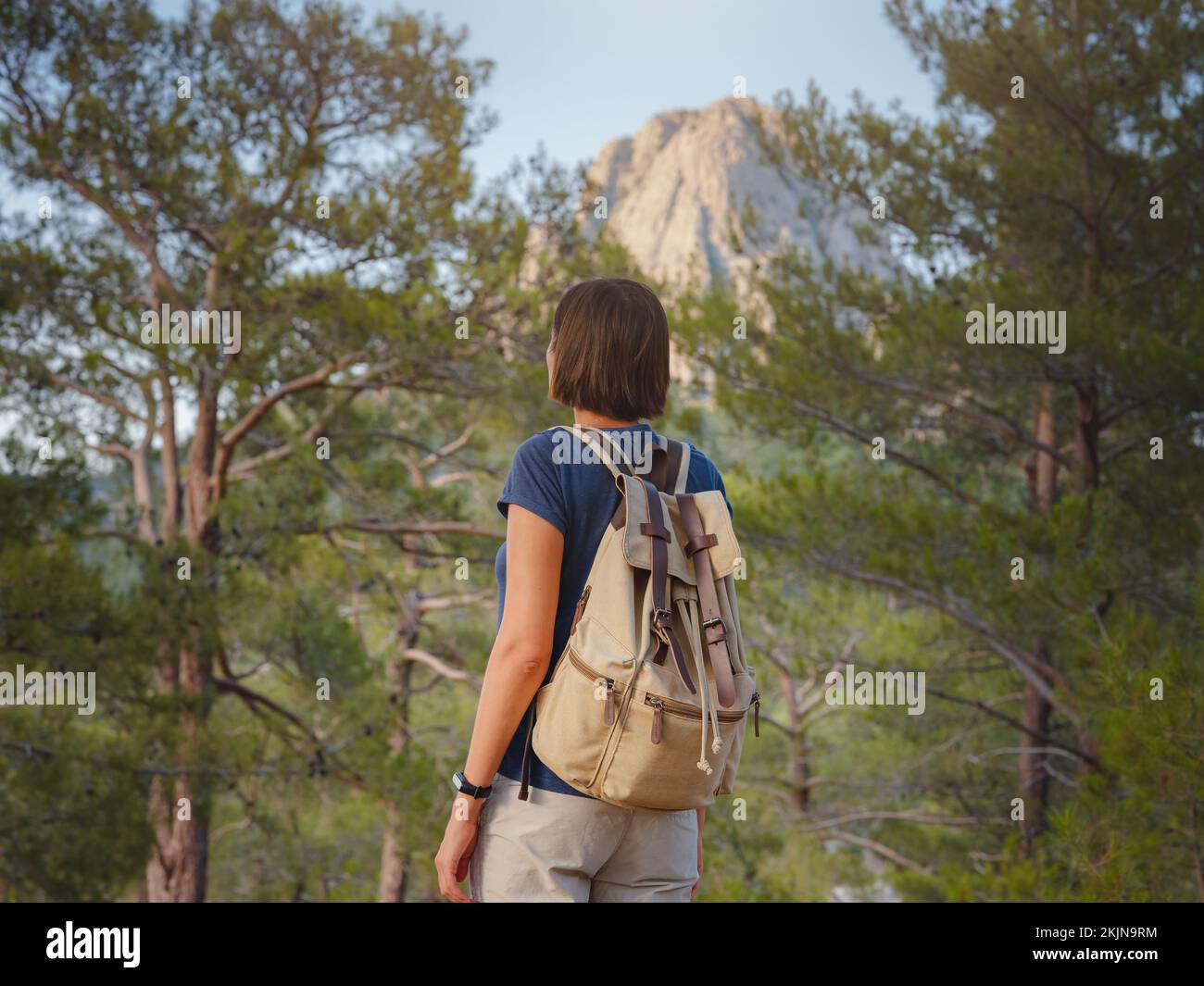 woman traveler walking by Lycian Way trail mountains in Turkey near ...