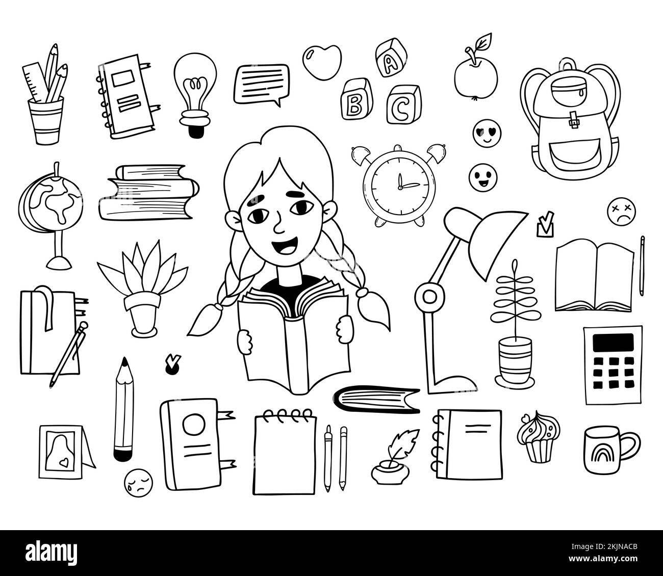 Collection educational doodles. Cute girl with book, stationery, school ...
